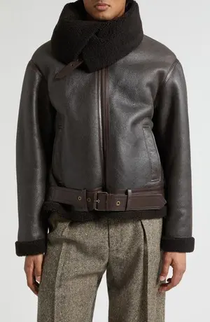 JW Anderson Belted Lambskin & Shearling Aviator Jacket - Chocolate Brown/brown