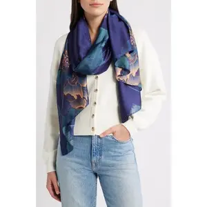 Tasha Floral Print Satin Scarf - Navy/orange