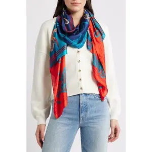 Tasha Floral Print Satin Scarf - Red/navy