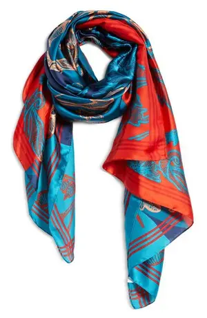 Tasha Floral Print Satin Scarf - Red/navy