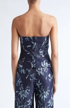 Lela Rose Metallic Floral Brocade Strapless Top