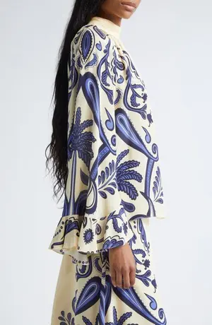 Johanna Ortiz Floral Paisley Silk Crêpe De Chine Top - Ecru/navy