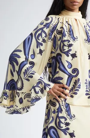 Johanna Ortiz Floral Paisley Silk Crêpe De Chine Top - Ecru/navy