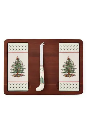 SPODE Christmas Tree Polka Dot Cheese Board & Knife Set - Green