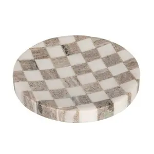 STORIED HOME Round Marble Checkered Cheese And Serving Tray - White