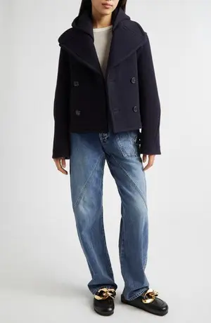 JW Anderson Crop Double Face Wool Pea Coat With Removable Hood