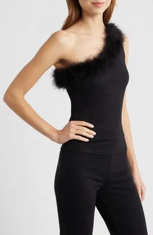 Mango Xplumi Feather-trimmed One-shoulder Top