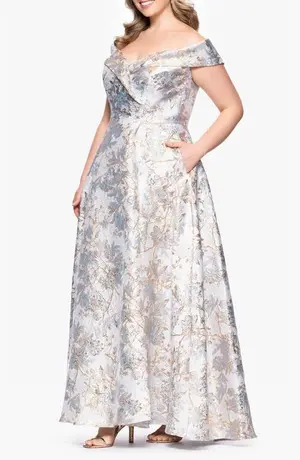 XSCAPE EVENINGS Off-the-shoulder Brocade Gown