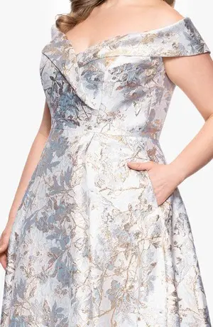 XSCAPE EVENINGS Off-the-shoulder Brocade Gown