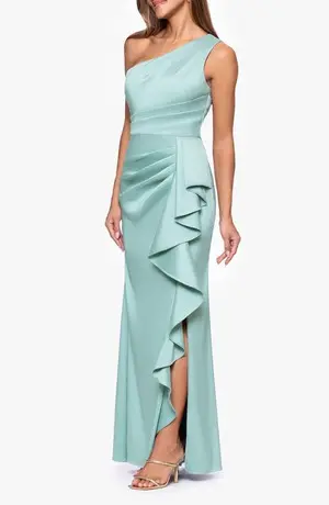 XSCAPE EVENINGS Ruffle Detail One-shoulder Mikado Sheath Gown
