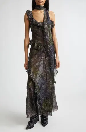 SIEDRES Monica Tiered Ruffle Chiffon Maxi Dress With Detachable Scarf Tie - Black Multi
