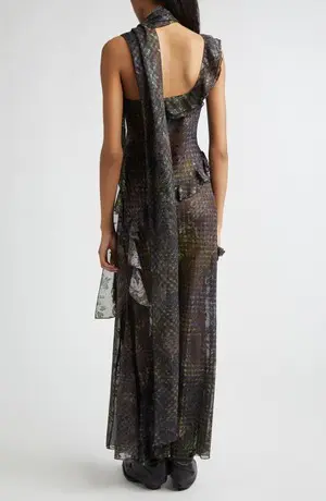 SIEDRES Monica Tiered Ruffle Chiffon Maxi Dress With Detachable Scarf Tie - Black Multi