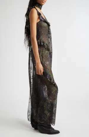 SIEDRES Monica Tiered Ruffle Chiffon Maxi Dress With Detachable Scarf Tie - Black Multi