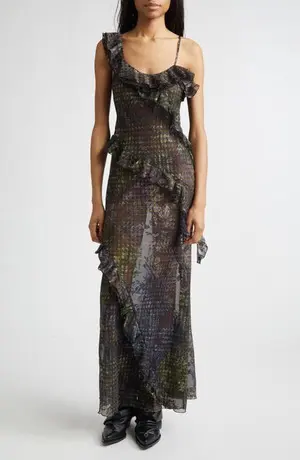 SIEDRES Monica Tiered Ruffle Chiffon Maxi Dress With Detachable Scarf Tie - Black Multi