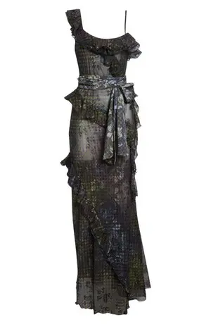 SIEDRES Monica Tiered Ruffle Chiffon Maxi Dress With Detachable Scarf Tie - Black Multi
