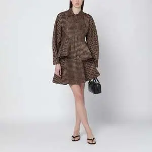 GANNI Gingham Peplum Shirt - Brown
