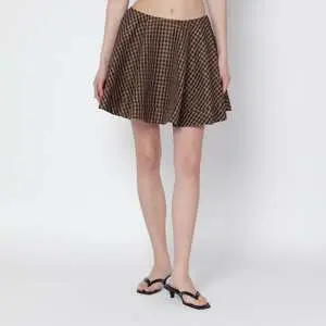 GANNI Gingham Flared Mini Skirt Brown