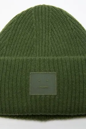 Acne Studios Face Logo Ribbed Beanie - Bottle Green