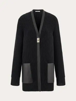 FERRAGAMO Longline Virgin Wool Cardigan With Leather Details - Black