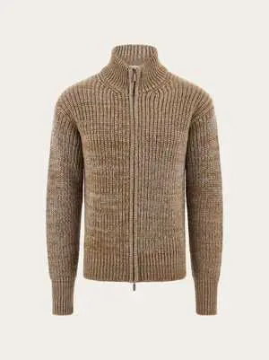 FERRAGAMO High Neck English Rib Knit Cardigan - Beige