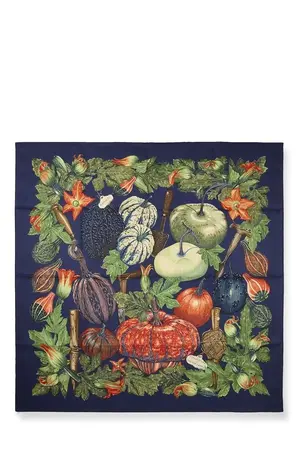 Hermès Multicolor 'citrouilles Et Coloquintes' Silk Scarf 90 - Navy