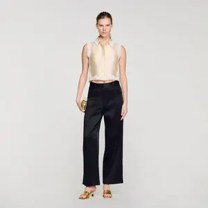 Sandro Satin-effect Wide-leg Trousers - Black