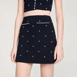 Sandro Rhinestone Embroidered Knit Mini Skirt