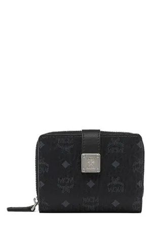 Mcm Aren Brass Plate Wallet In Visetos - Black