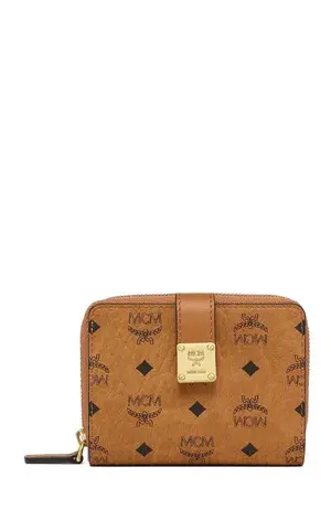 Mcm Aren Brass Plate Wallet In Visetos - Cognac
