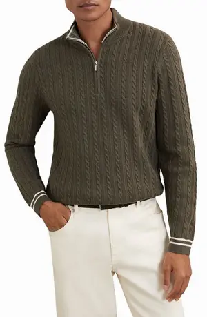 REISS Tuscano Cable Quarter Zip Sweater - Khaki Green