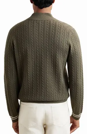 REISS Tuscano Cable Quarter Zip Sweater - Khaki Green