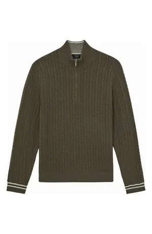 REISS Tuscano Cable Quarter Zip Sweater - Khaki Green