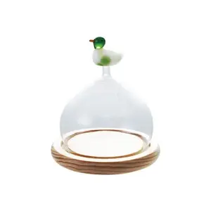 STORIED HOME Glass Cloche With Wood Base And Duck Topper - Clear