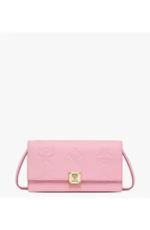Mcm Large Aren Chain Wallet In Embossed Monogram Leather - Lotus Pink