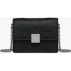 Mcm Mini Aren Chain Wallet In Embossed Monogram Leather - Black