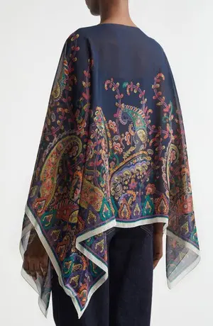Etro Paisley Print Silk Chiffon Poncho - Printed Blue Base