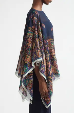 Etro Paisley Print Silk Chiffon Poncho - Printed Blue Base