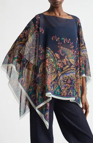 Etro Paisley Print Silk Chiffon Poncho - Printed Blue Base