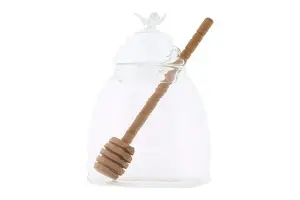 STORIED HOME Honey Pot With Lid & Wood Dipper - Clear