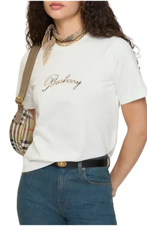 Burberry Check Cursive Logo Cotton T-shirt - Chalk White