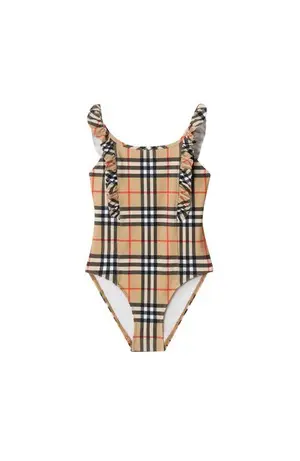 Burberry Check Swimsuit With Ruffle Trim - Sand Beige