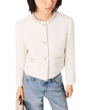 Maje Faux Pearl Trim Tweed Jacket - Ecru