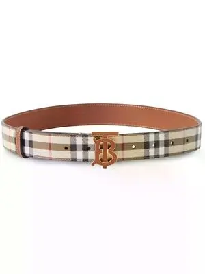 Burberry Checked Leather Belt With Monogram Plaque - Neutrals