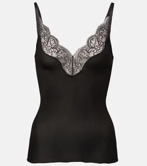 Saint Laurent Lace-trimmed Ribbed-knit Silk Camisole - Black