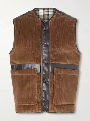 DRAKE'S Padded Leather-trimmed Cotton-corduroy Gilet - Brown