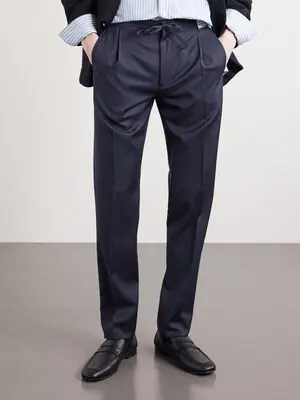 LARDINI Slim-fit Pleated Virgin Wool Drawstring Trousers - Blue