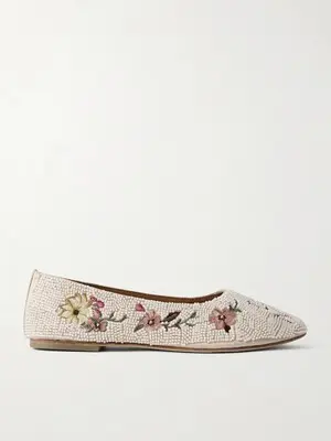 Staud Alba Beaded Embroidered Ballet Flats - Neutrals