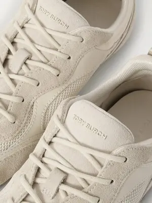 Tory Burch Field Leather, Mesh, And Suede Sneakers - Cream