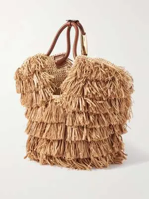 Zimmermann Small Raffia Tote With Leather Trim And Fringe