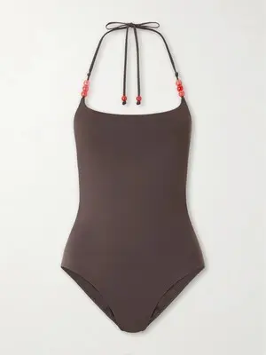 Staud Laird Embellished Halterneck Swimsuit - Brown